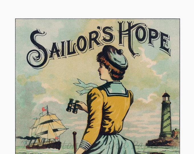 Sailors Hope Vintage Nautical Decor Coastal Girl Lighthouse & Schooner ...