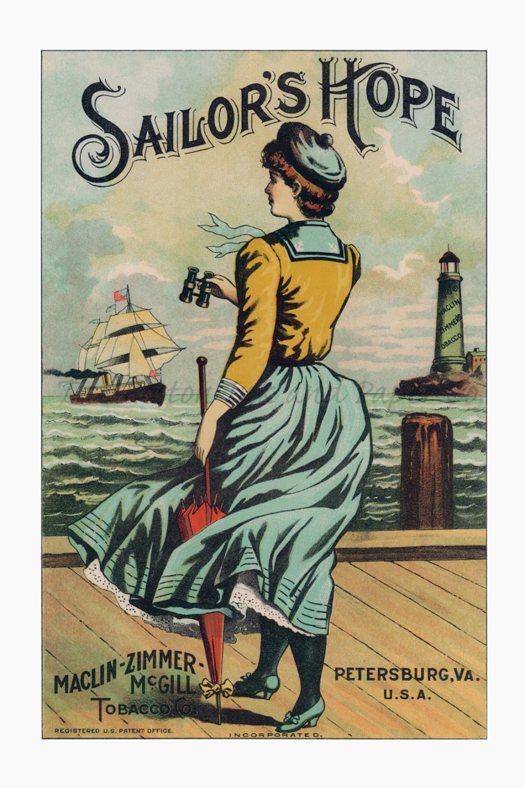 Sailors Hope Vintage Nautical Decor Coastal Girl Lighthouse & Schooner ...