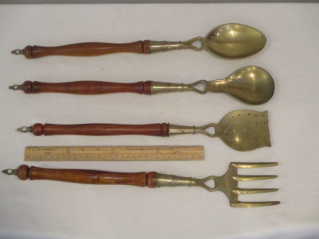 Brass and Wood Large Utensils,brass Wall Decor,brass Utensil Set,cabin ...