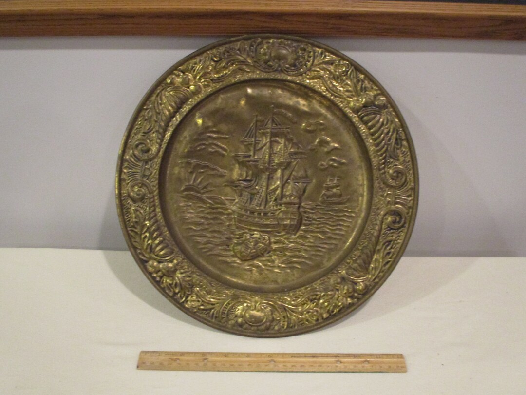 14 Inch Hammered Brass Sailing Ship Wall Plate,embossed Brass Wall ...