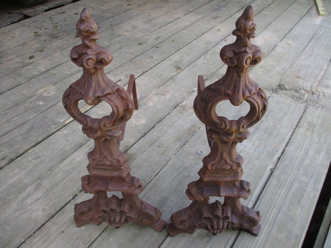 Cast Iron Decorative Andirons,log Holder,rusty Andirons,fireplace Decor ...