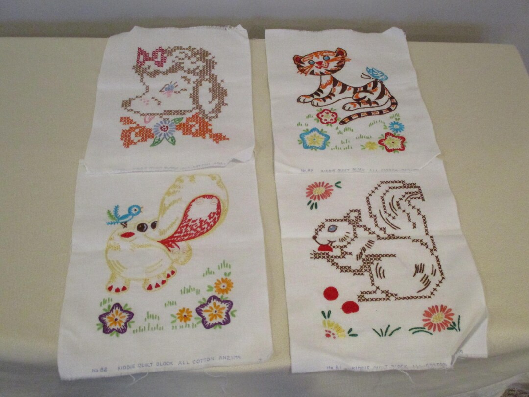 4 Embroidered Quilt Blocks,embroidery Animals,baby Shower,nursery Decor ...