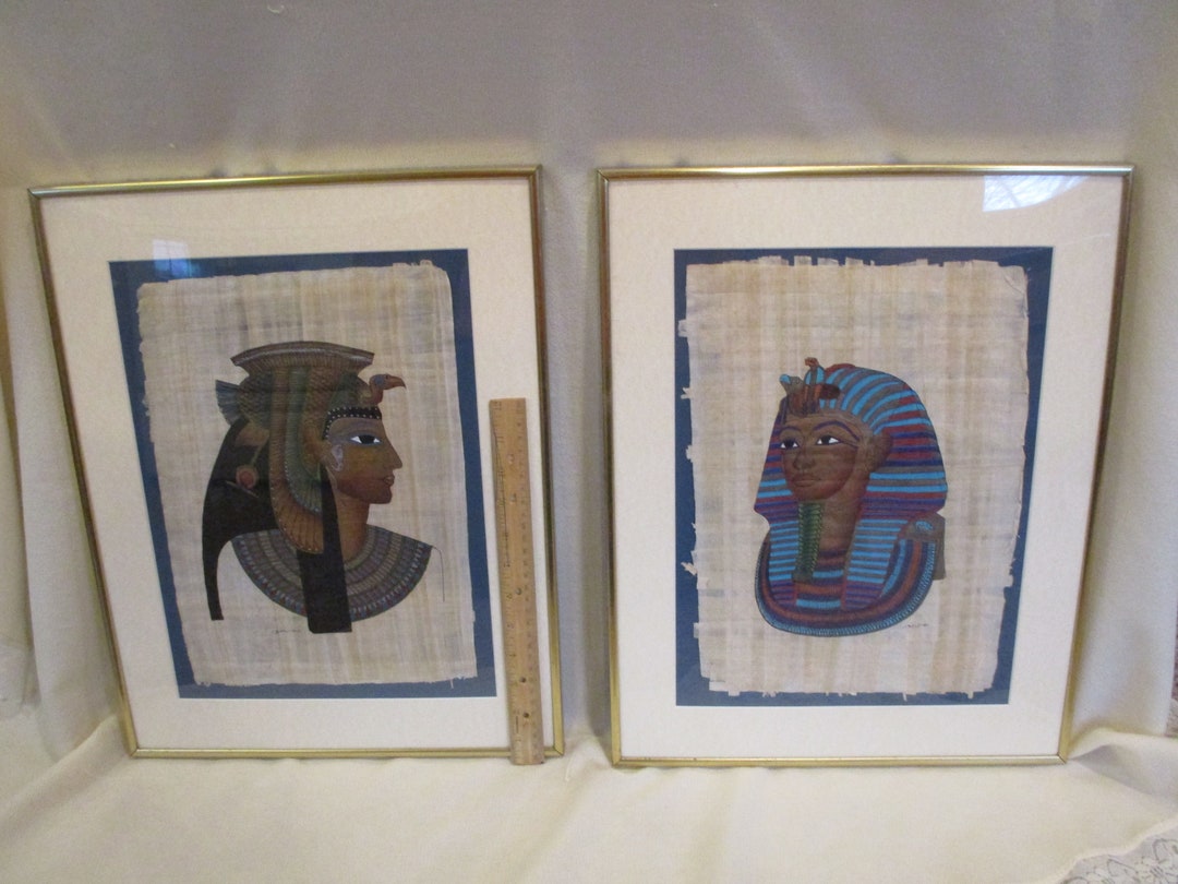 2 Framed Papyrus Paintings,cleopatra Papyrus,king Tut Papyrus,egyptian ...