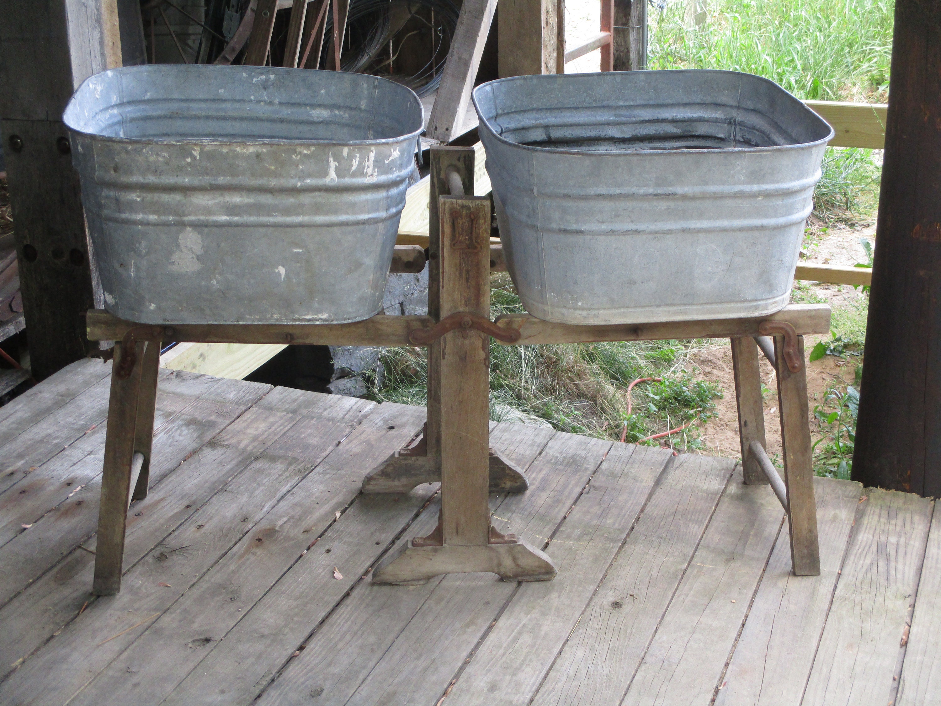 Antique Folding Wash Tub Stand With Tubs,porch Planter,galvanized ...