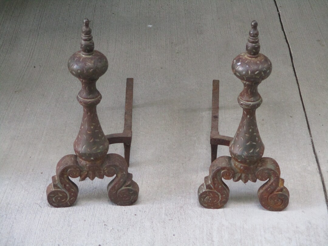 Cast Iron Andirons,log Holder,rusty Andirons,fireplace Decor,fireplace ...