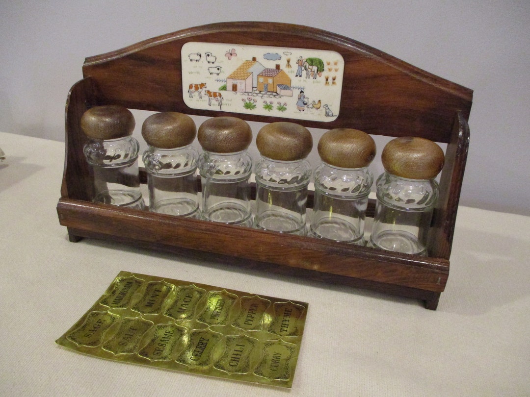 Wood Spice Rack With 6 Spice Jars,country Spice Rack,vintage Cooking ...