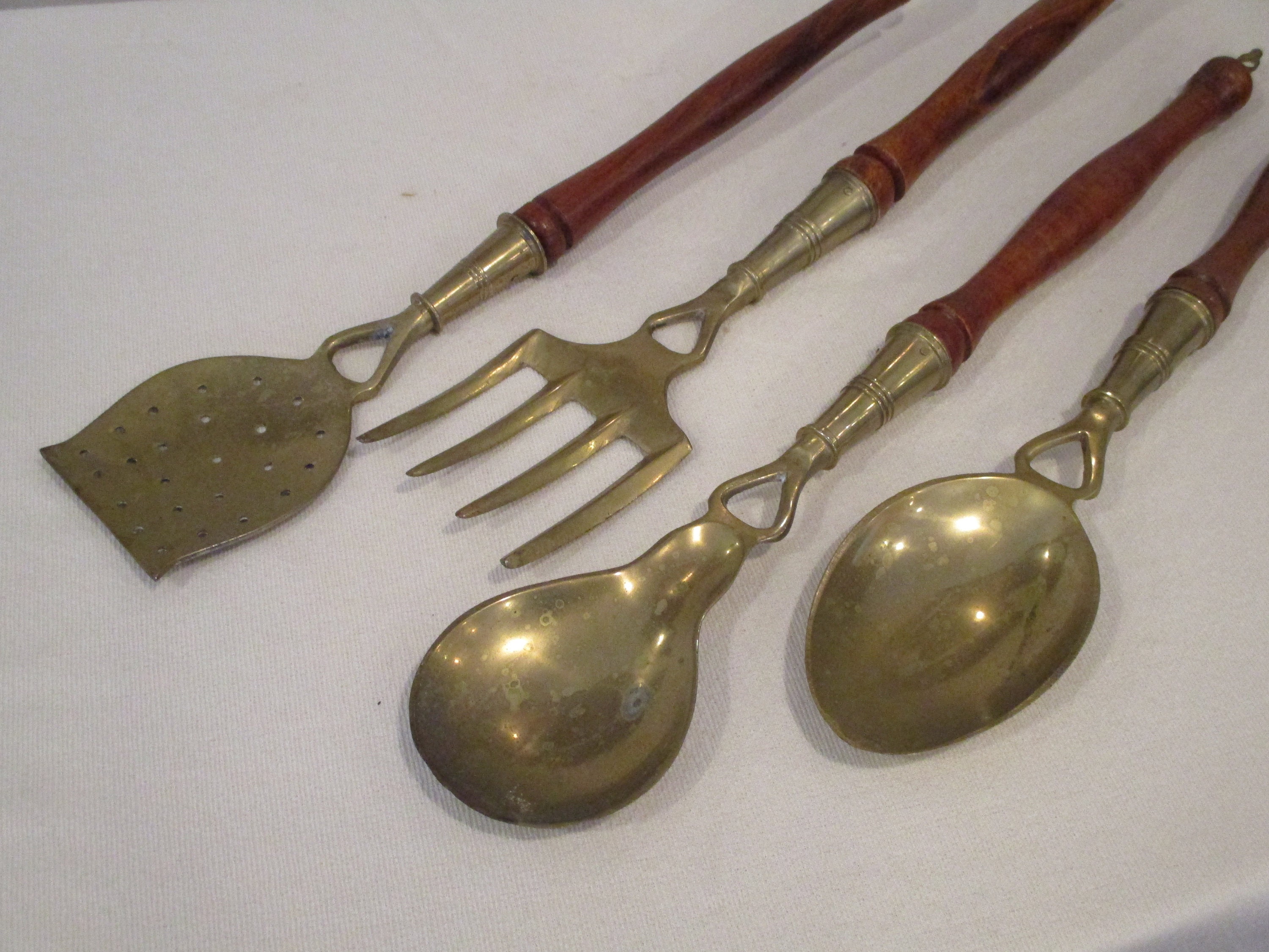 Brass and Wood Large Utensils,brass Wall Decor,brass Utensil Set,cabin ...