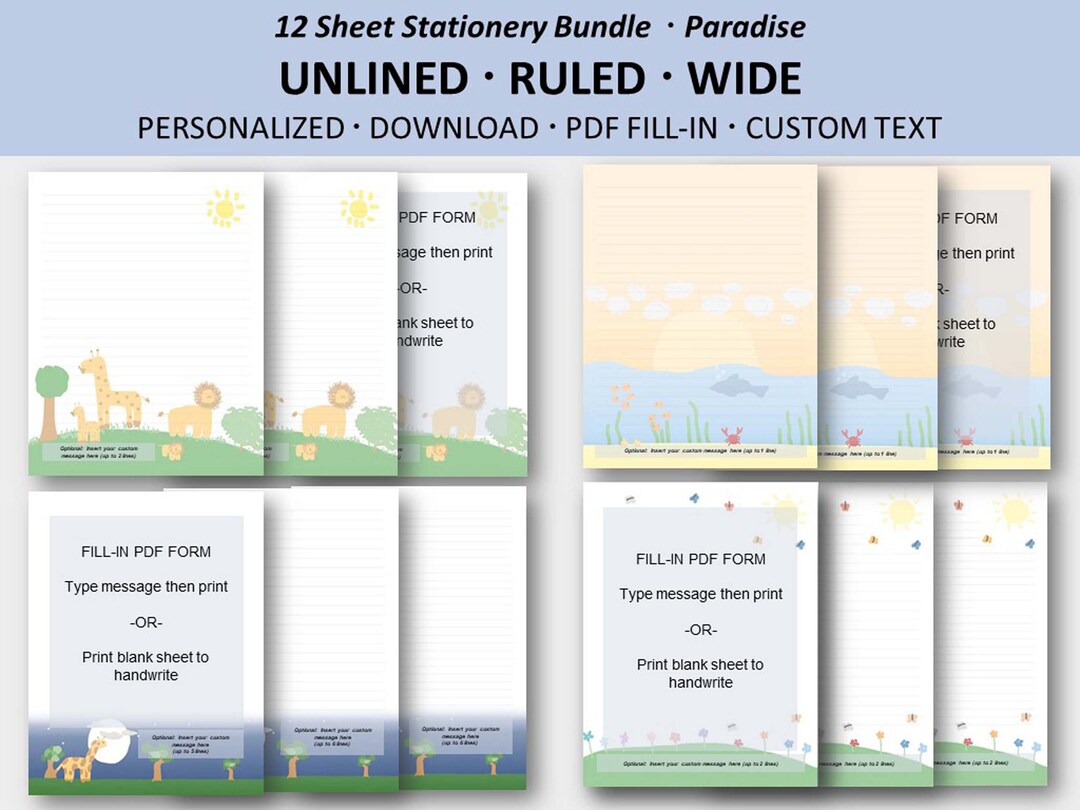 Lined & Unlined Personalized Printable Stationery | 12 Sheet Paradise ...