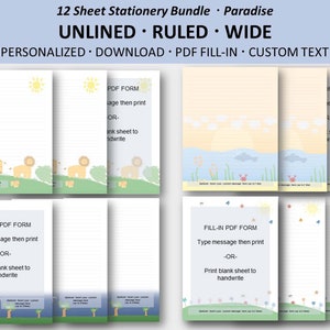Lined & Unlined Personalized Printable Stationery | 12 Sheet Paradise ...