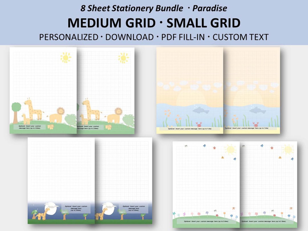Grid Personalized Printable Stationery | 8 Sheet Paradise Bundle ...