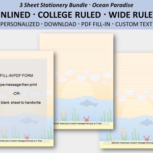Lined & Unlined Personalized Printable Stationery | 3 Sheet Ocean ...