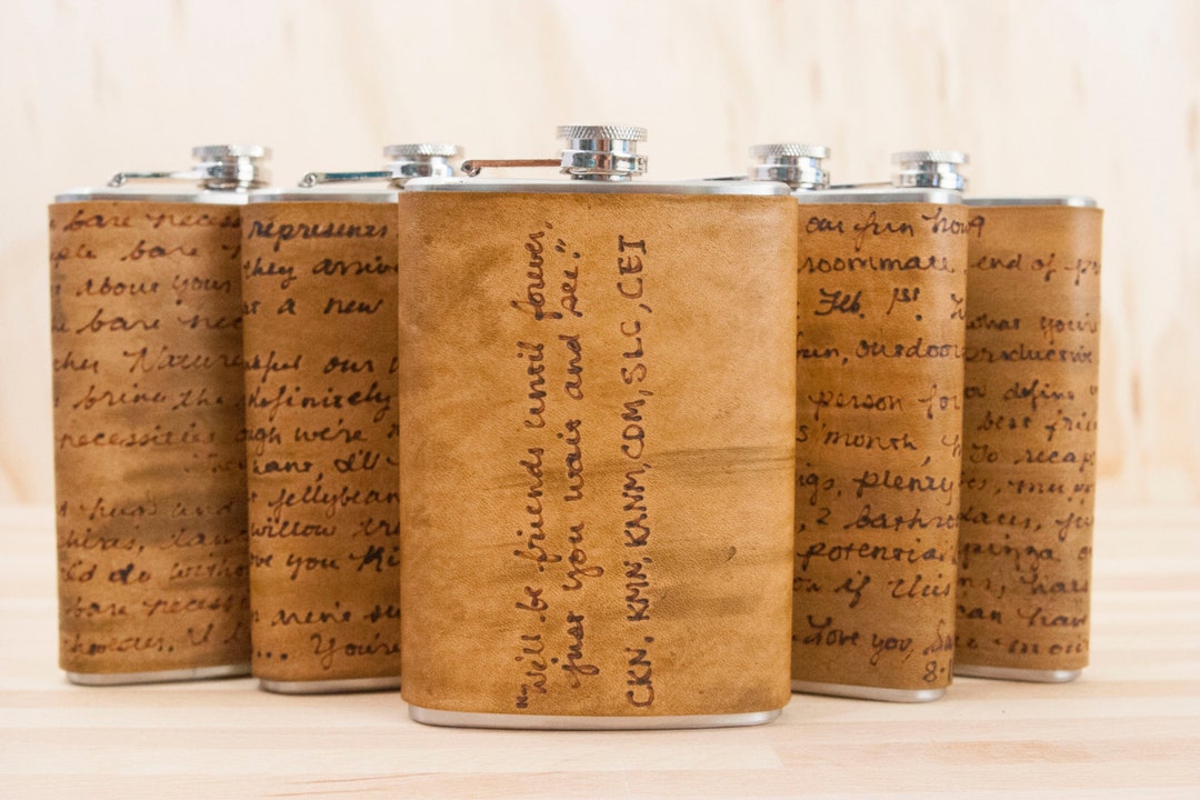 Leather Wedding Flask Set - Personalized Groomsmen Flasks in the Smokey ...