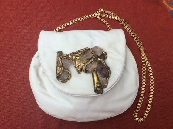 Purse Fancy Nancy Vintage 1980's Bag White Leather wi… - Gem