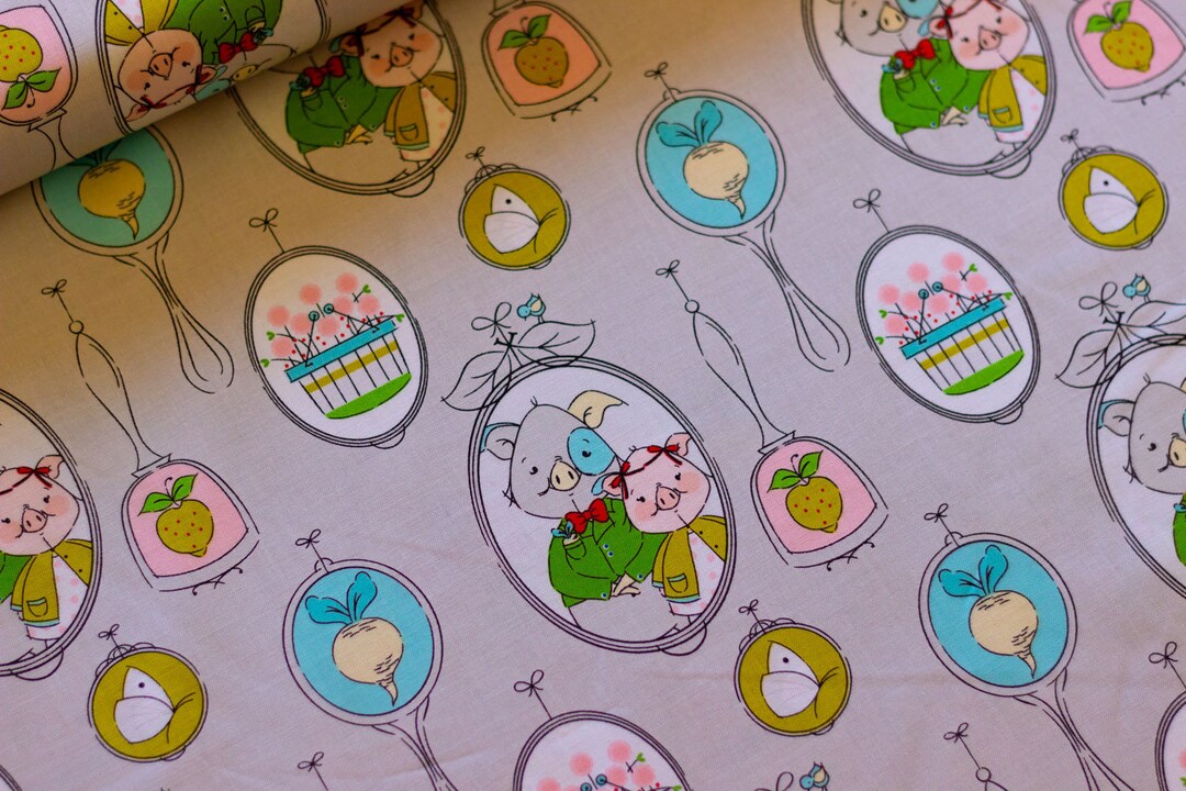 Riley Blake Fabric - Hubert and Sorrel Main Print Grey - Piggy ...