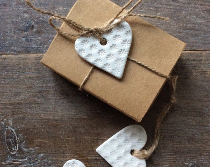 Handmade Rustic Ceramic White Heart Ornament, With Daisy Design ...