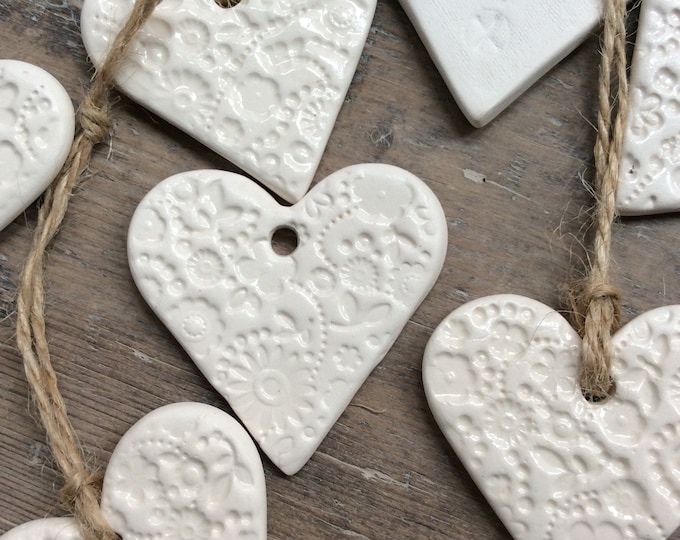 Handmade Ceramic White Heart Ornament, With Lace Flower Design ...