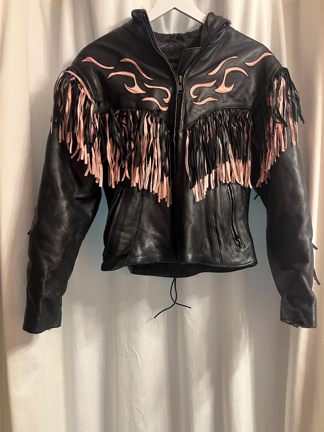 UNIK Leather Jacket Womens Medium Black Fringe Motorcycle Western Pink ...