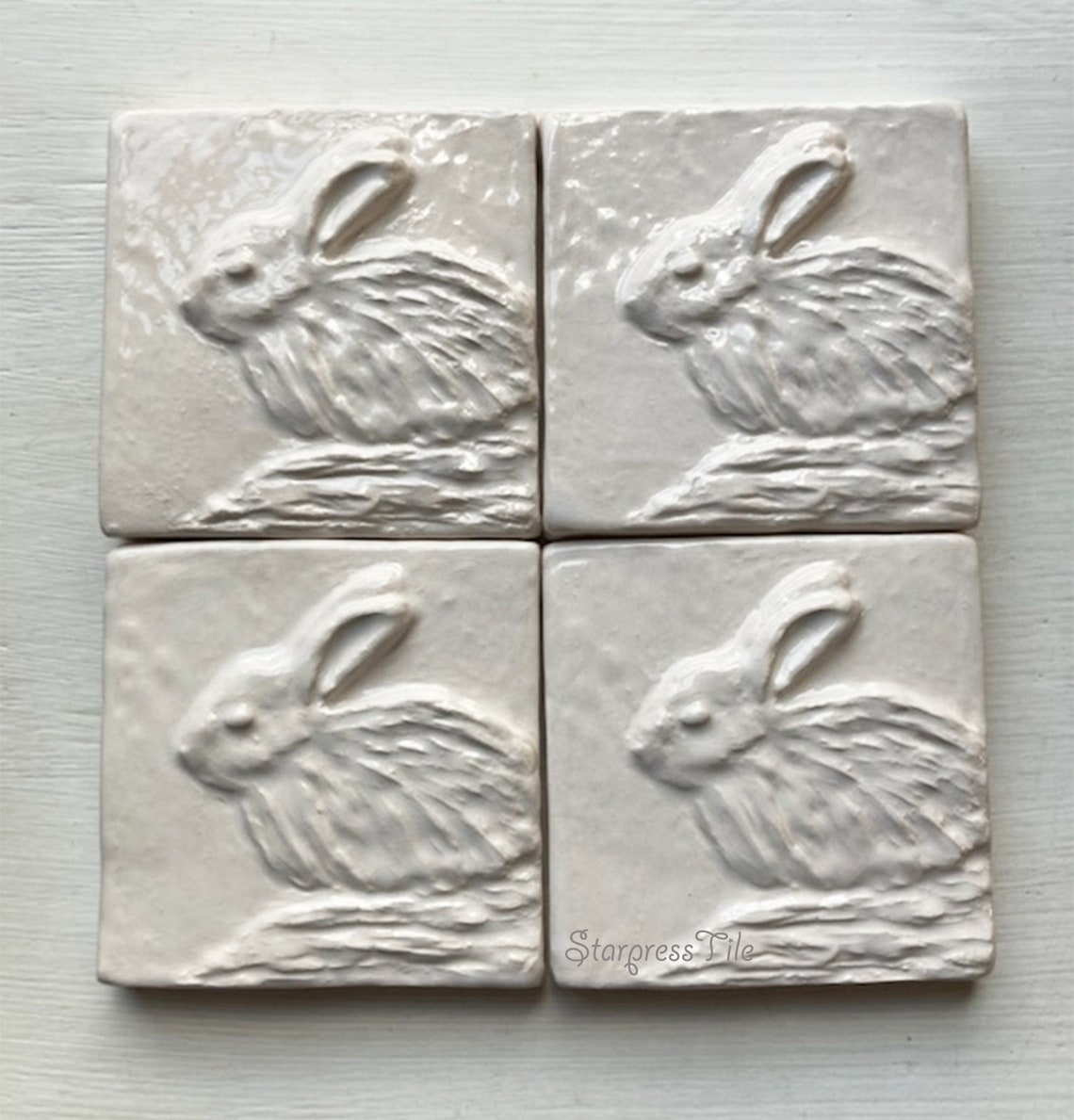 White Rabbit Ceramic Tile, Handmade Art Tile, 4x4 Tile, Bunny Art ...