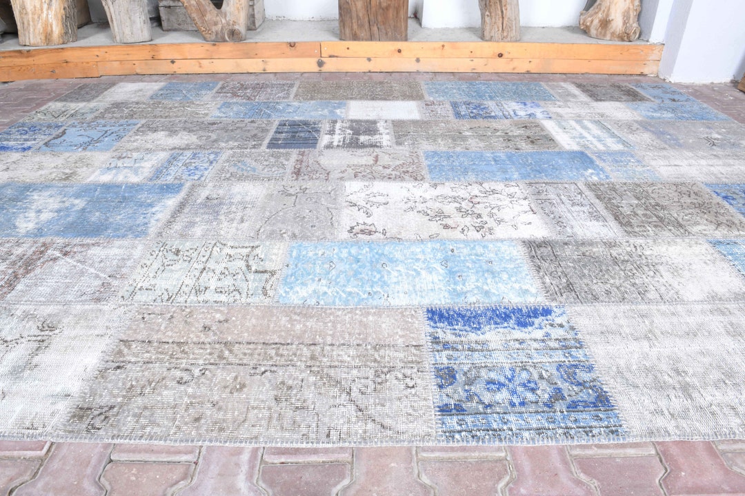 8x12 Blue Patchwork Rug Vintage Handmade Rug Handmade Patchwork Patchwork Rugs Decorative Rug ...