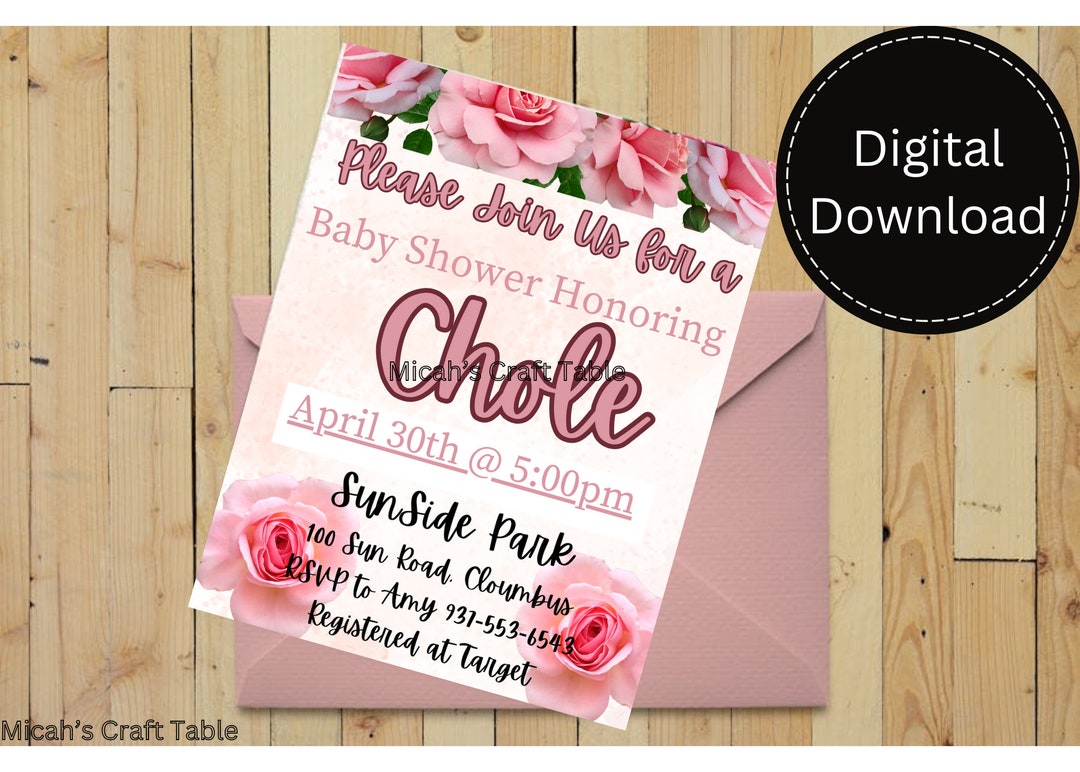 Pink Rose Baby Shower Invitation Template, Printable Baby Shower Invite ...