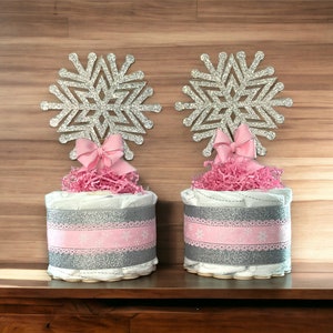 Girl Snowflake Baby Shower, White Pink Silver Diaper Cake, Baby Shower ...