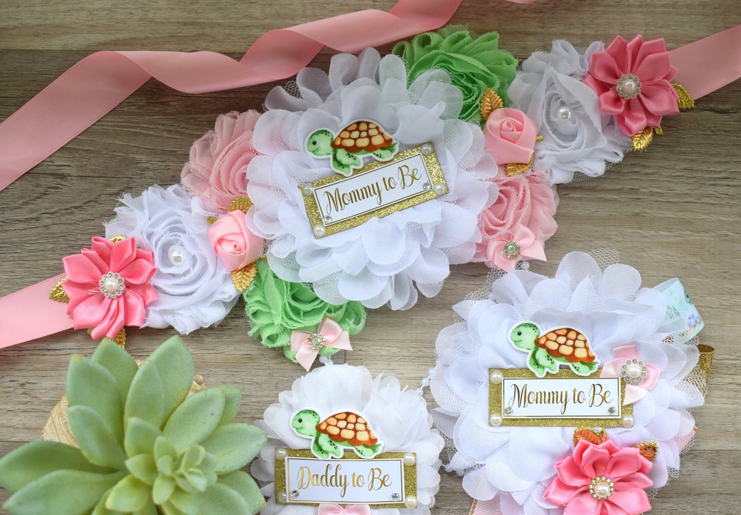 Girl Turtle Baby Shower, Turtle Aqua Blue Flower Sash, Under the Sea ...