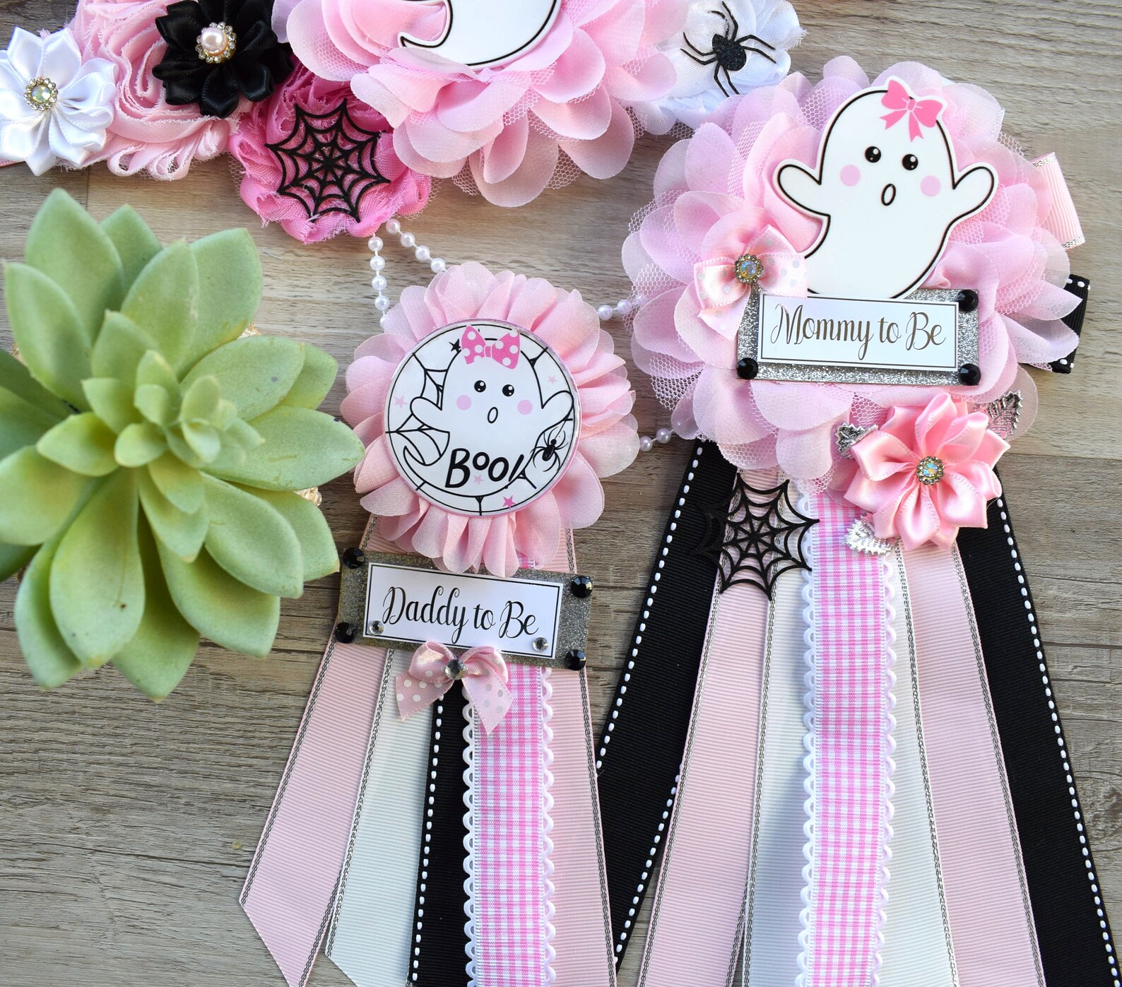 Girl Pink Ghost Halloween Baby Shower, Pink Maternity Sash, Mommy to Be Ribbon, Daddy to Be Pin ...