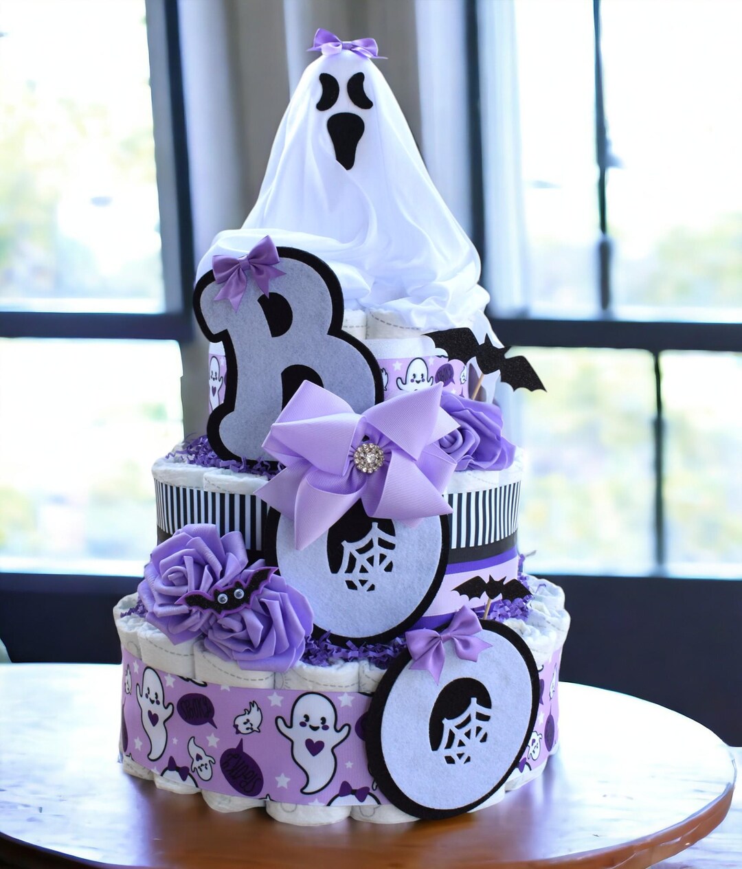 3 Tier Purple Ghost Diaper Cake Baby Shower, Girl Lilac Halloween Baby ...