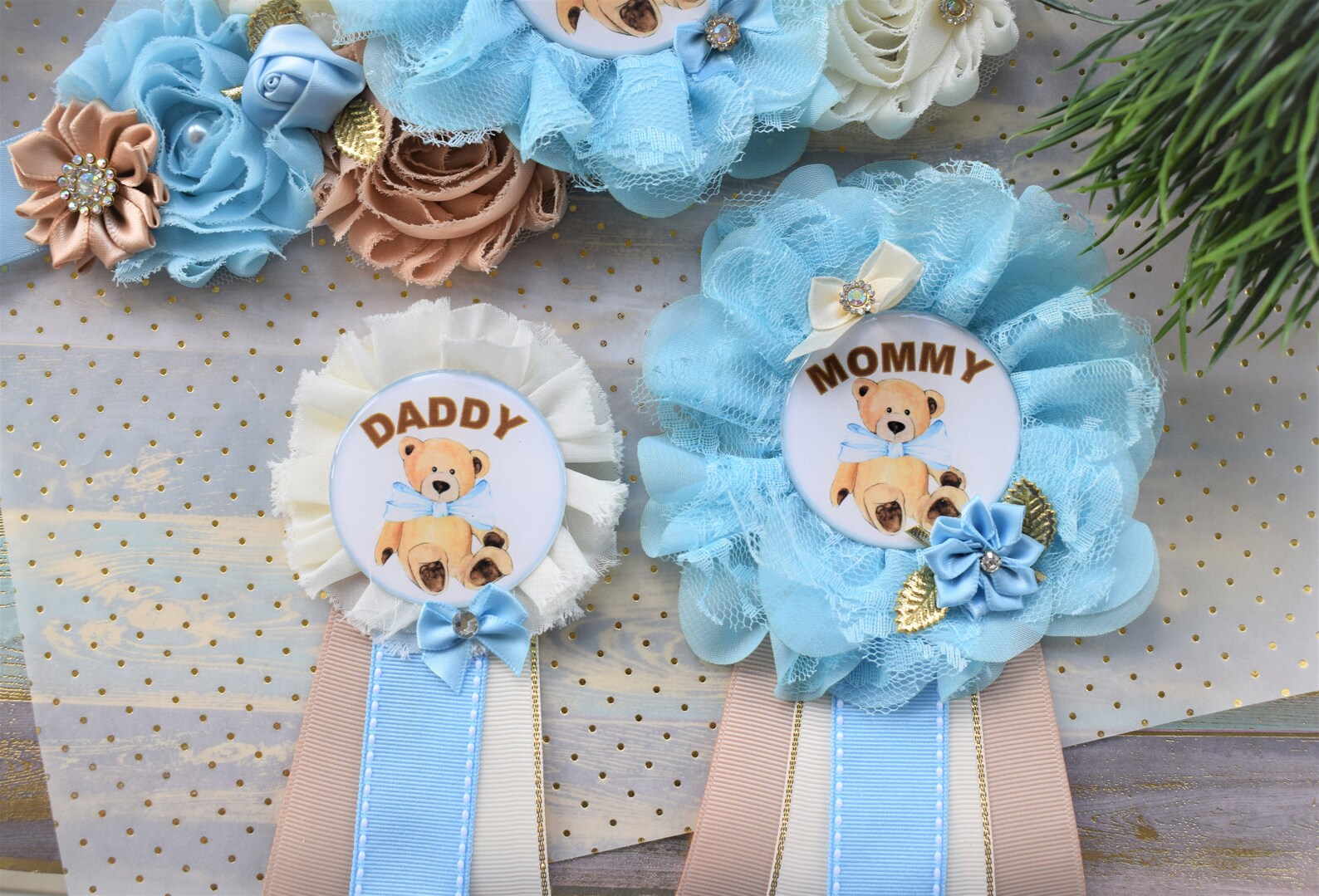 Blue Bear Baby Shower, Teddy Bear Blue Flower Sash, Teddy Bear Corsage ...