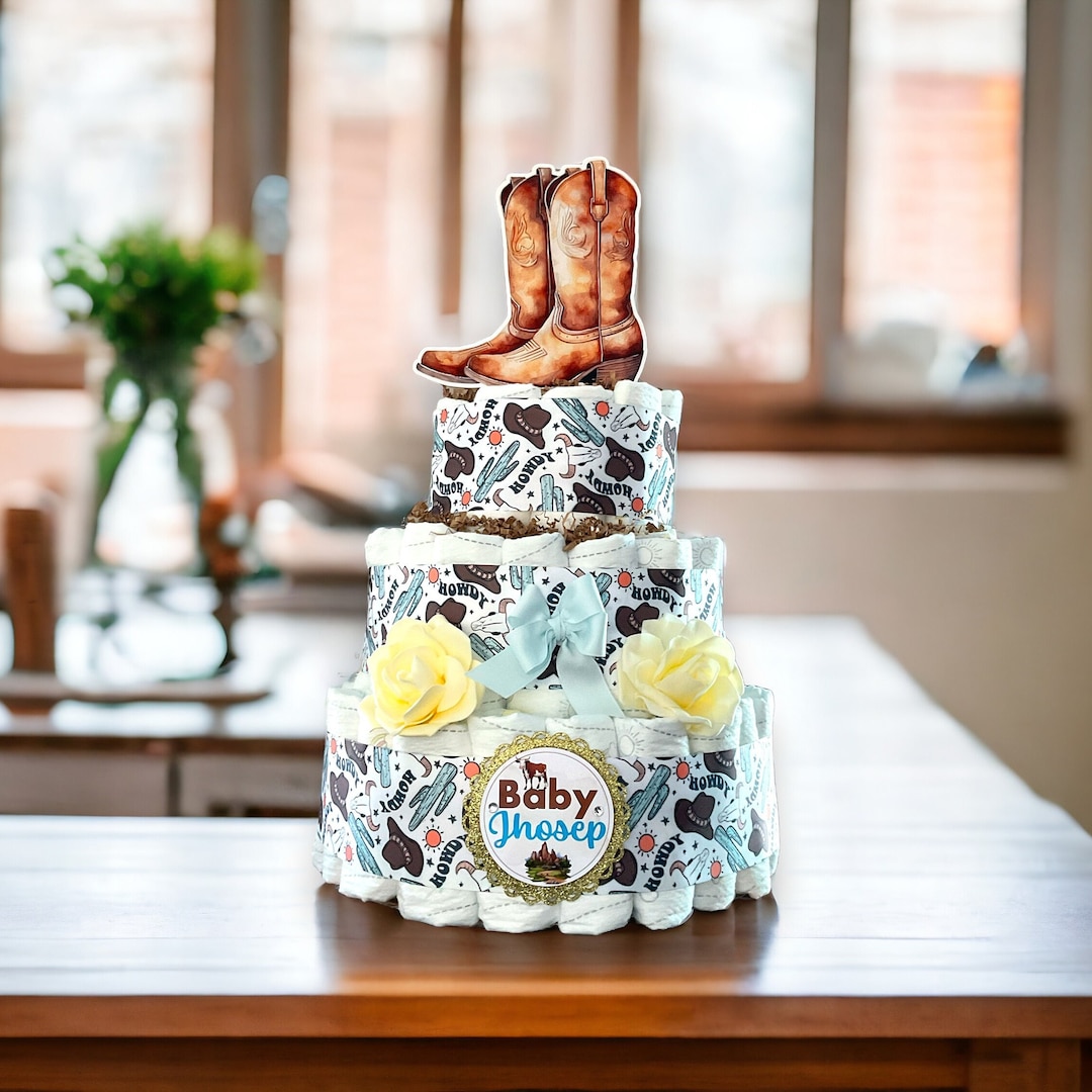 Blue Cowboy Western Diaper Cake Baby Shower, Boots Diaper Cake ...