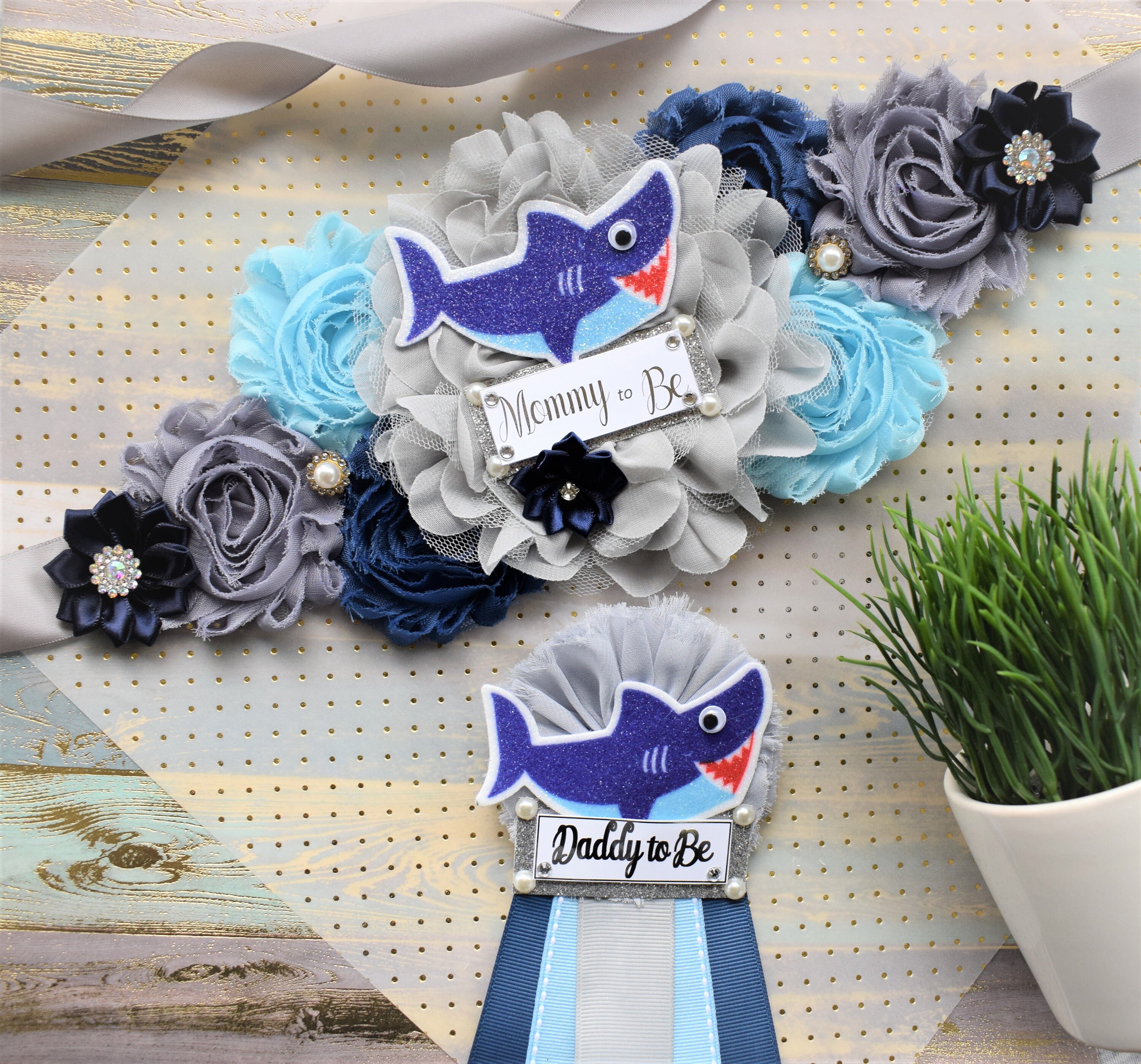 Shark Baby Shower Royal Gray White Flower Sash Shark Grey | Etsy
