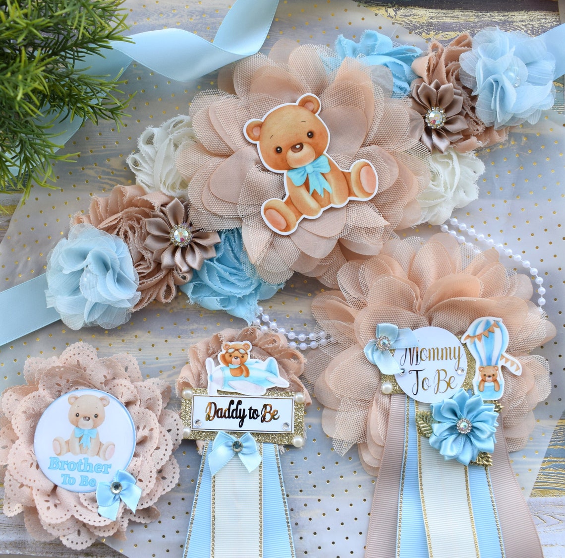 Blue Teddy Bear Baby Shower Teddy Bear Blue Flower Sash | Etsy Canada