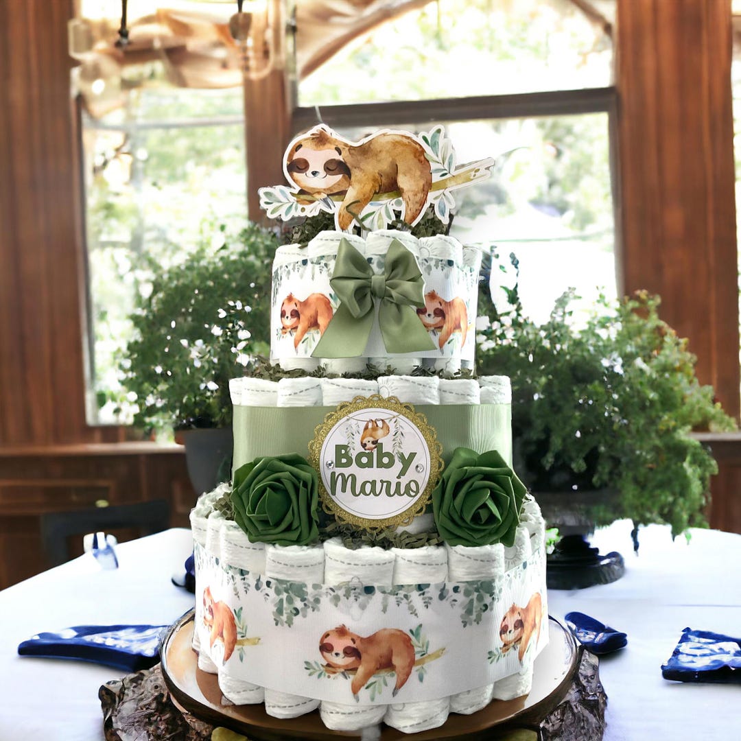 Sloth Greenery Diaper Cake Baby Shower, Green Leave Cake Centerpieces ...