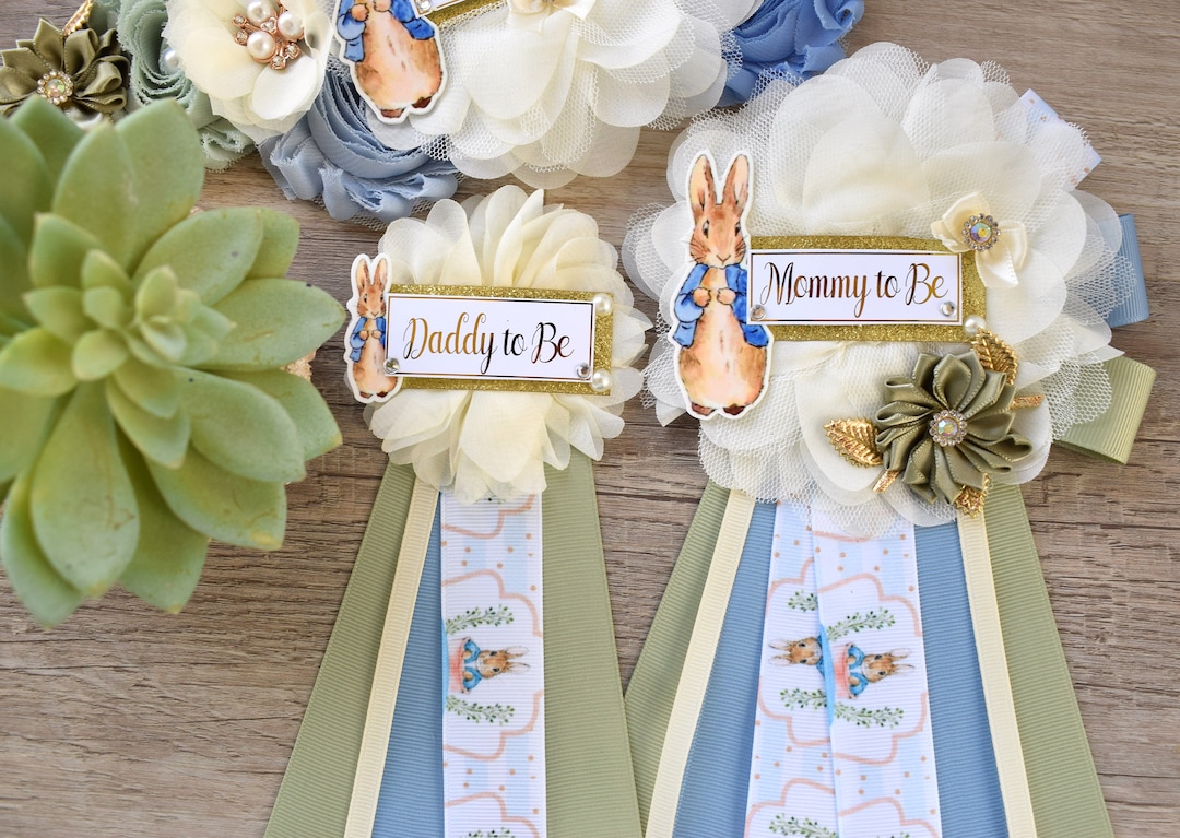 Rabbit Baby Shower, Boy Rabbit Mommy to Be Pin, Blue Green Boy Rabbit ...