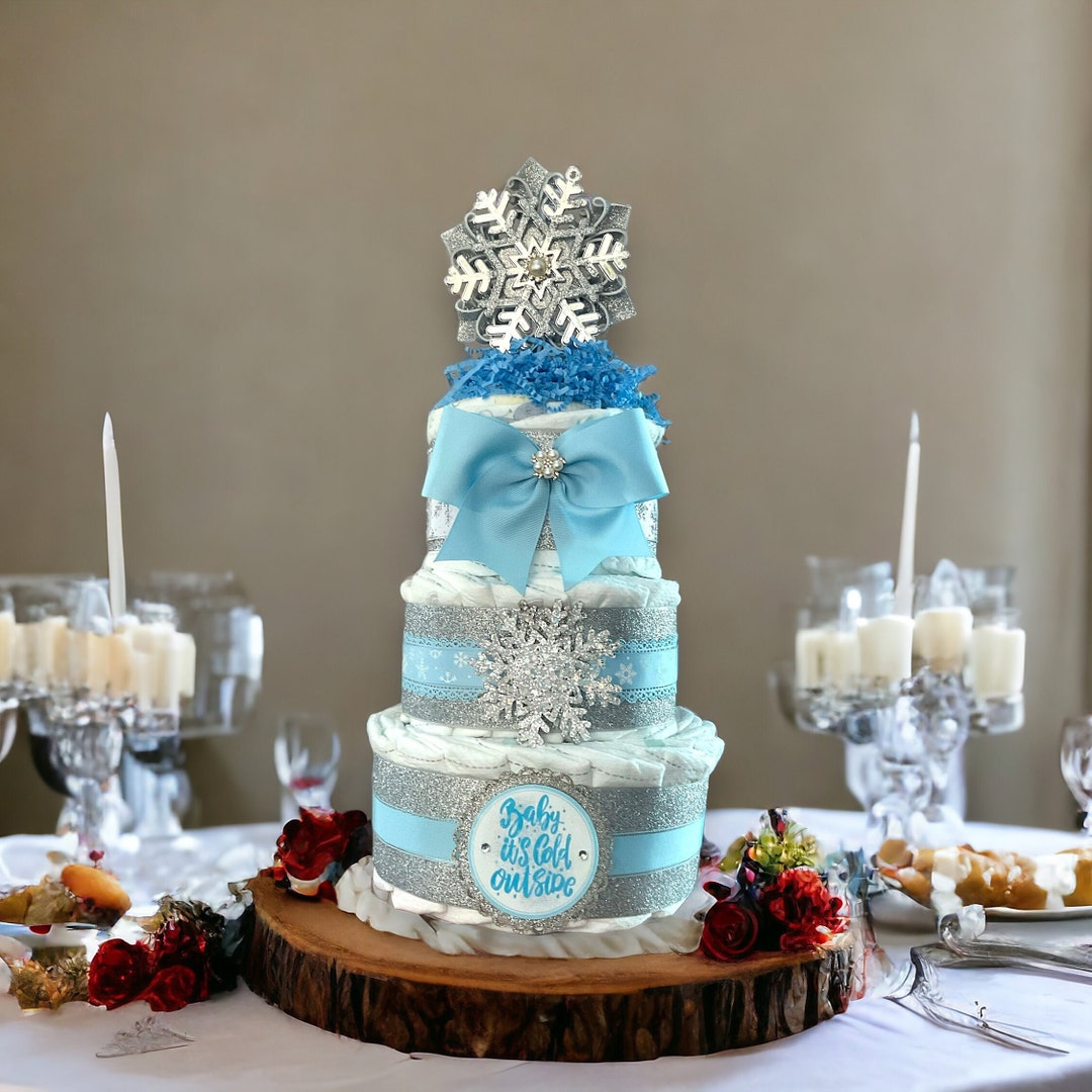 Boy Snowflake Baby Shower, White Blue Silver Diaper Cake, Baby Shower ...