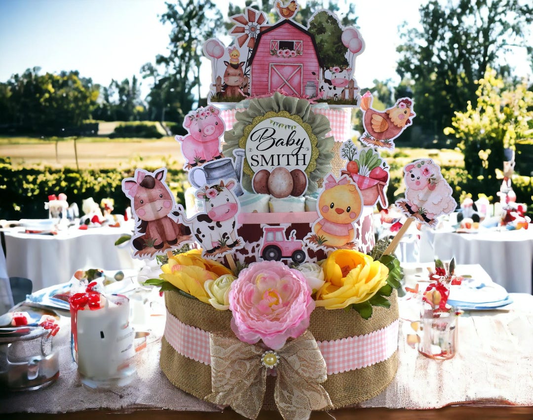 3 Tier Girl Pink Animal Farm Diaper Cake Baby Shower, Girl Baby Shower ...