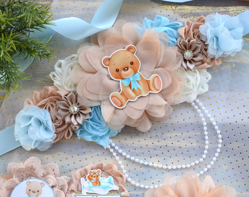 Blue Teddy Bear Baby Shower Teddy Bear Blue Flower Sash | Etsy