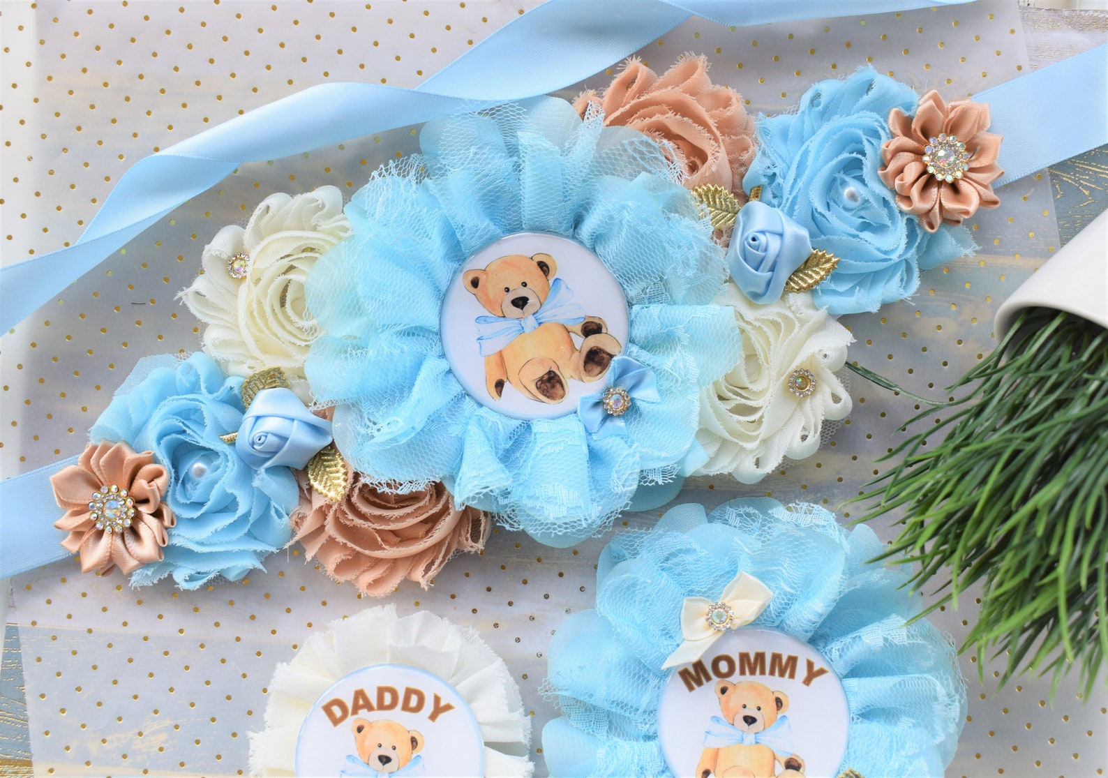 Blue Bear Baby Shower Teddy Bear Blue Flower Sash Teddy Bear - Etsy