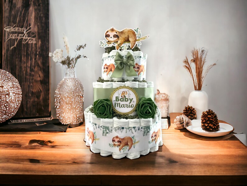 Sloth Greenery Diaper Cake Baby Shower, Green Leave Cake Centerpieces ...