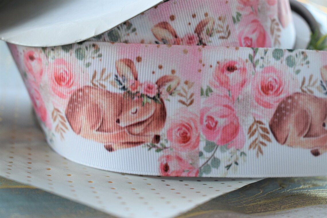 Pink Deer Baby Shower Ribbon, Girl Baby Deer Ribbon, Pink Grey Deer ...