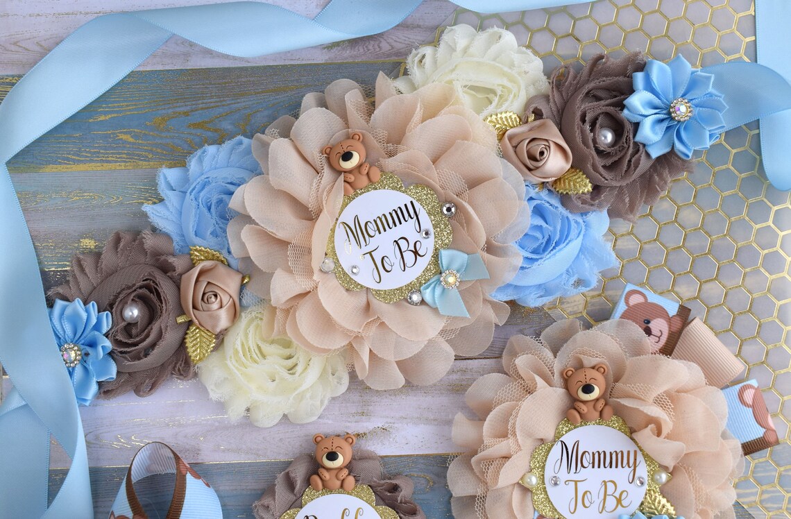 Blue Bear Baby Shower Teddy Bear Blue Flower Sash Teddy Bear - Etsy