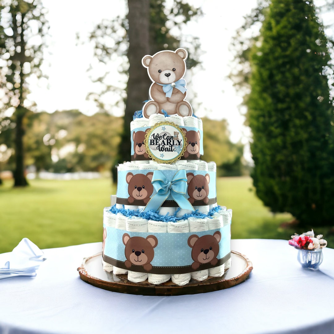 Boy Bear Diaper Cake Baby Shower, Blue Teddy Bear 3 Tier Diaper Cake ...