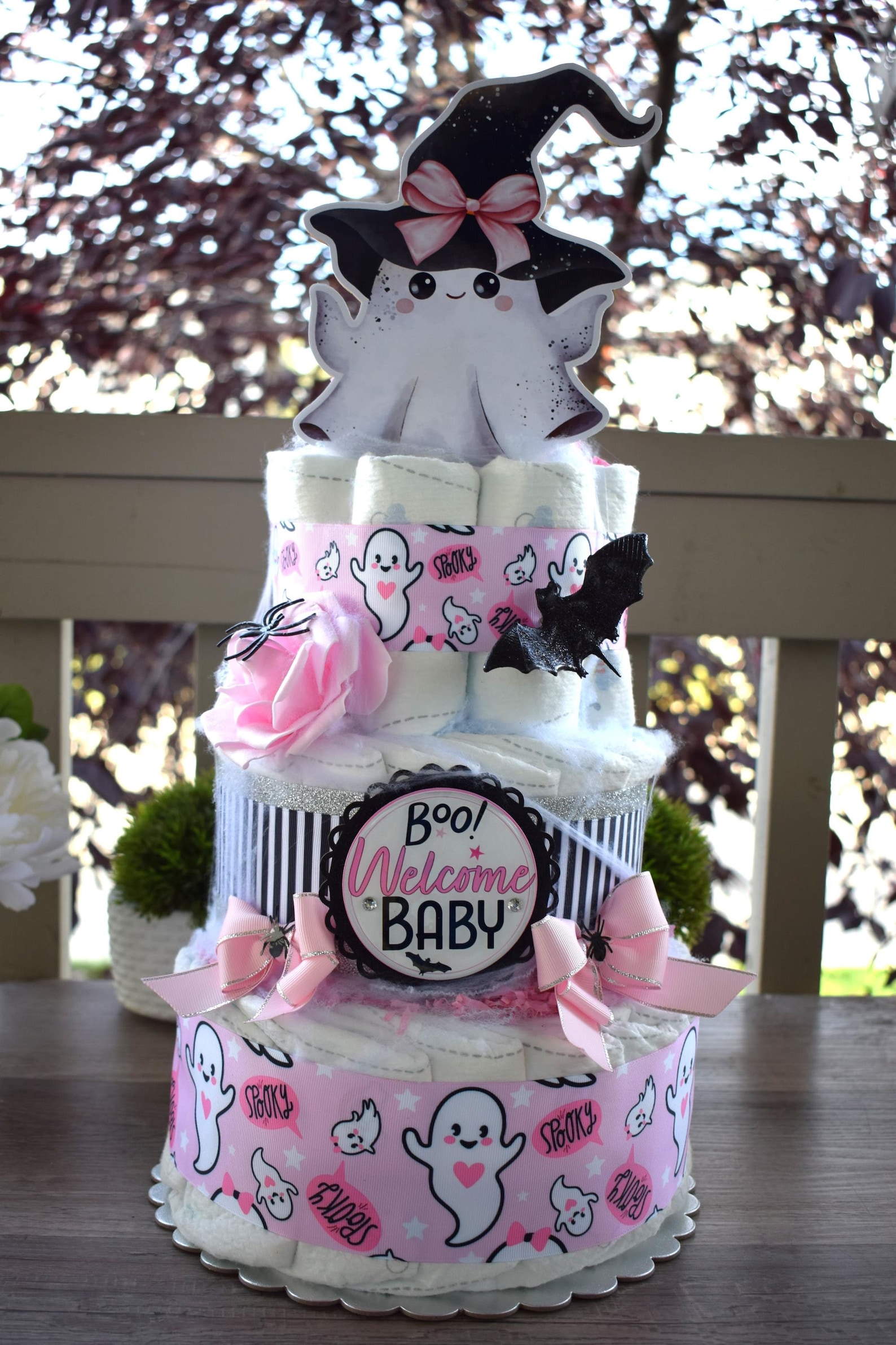 Cute Pink Witch Ghost Diaper Cake Baby Shower, Halloween Baby Shower ...