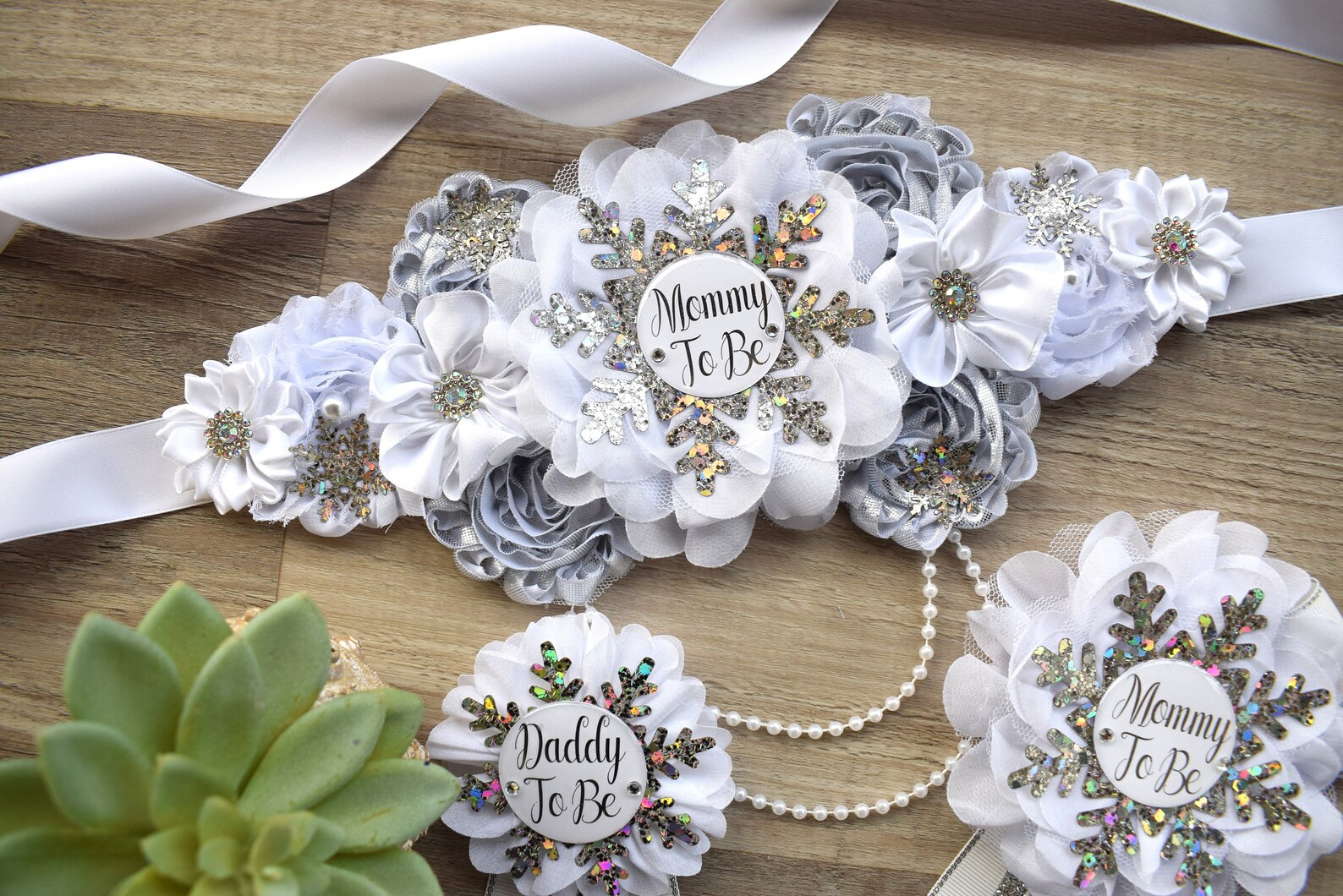 Gender Reveal Snowflake Baby Shower, White Silver Maternity Sash ...