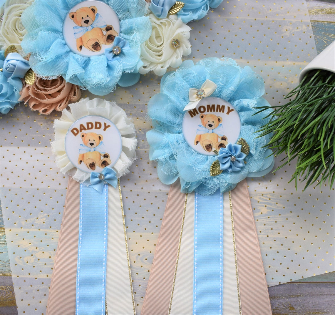 Blue Bear Baby Shower, Teddy Bear Blue Flower Sash, Teddy Bear Corsage ...