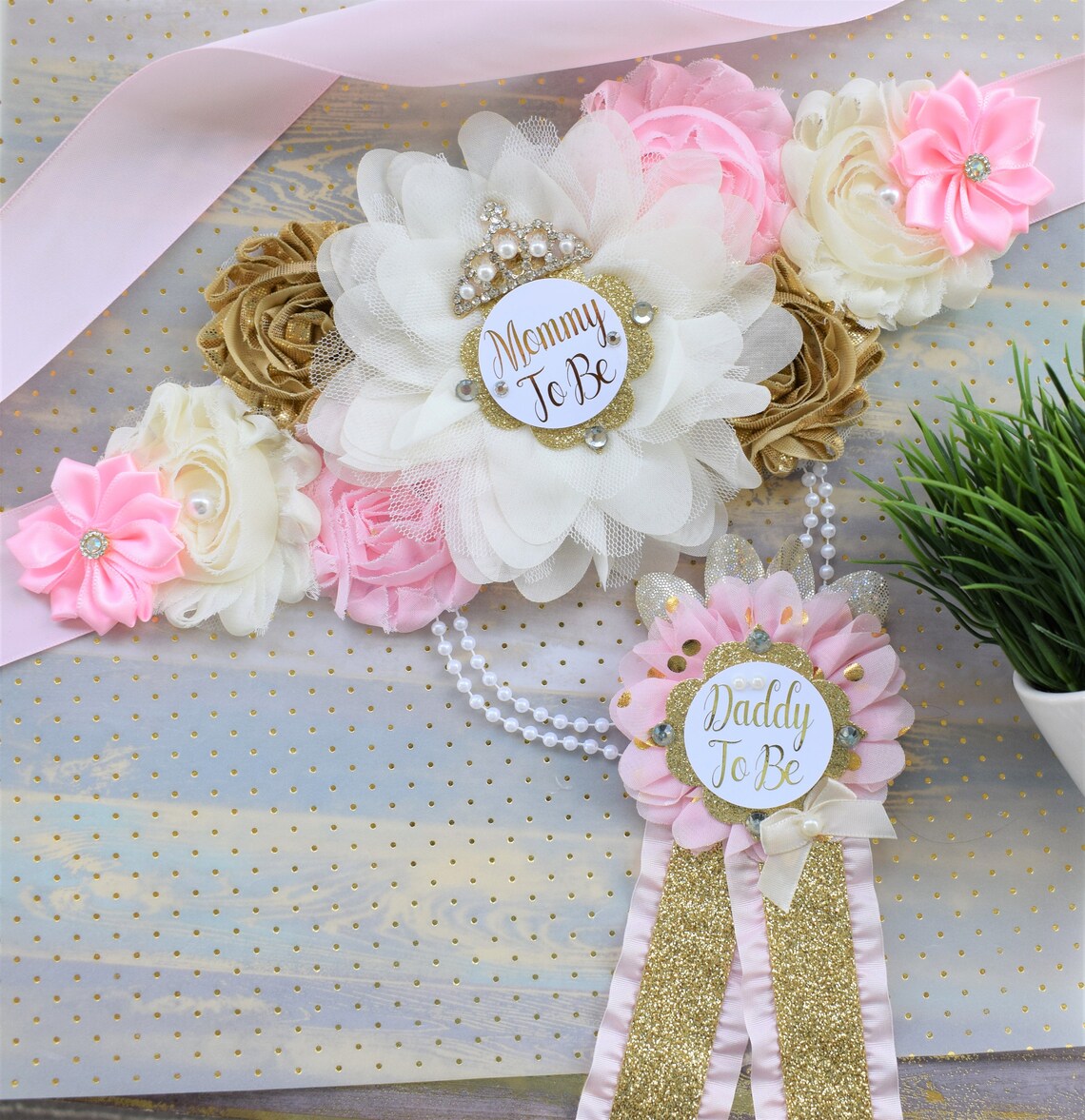 Princess Pink Gold Crown Princess Flower Sash, Pink Gold Maternity Sash ...