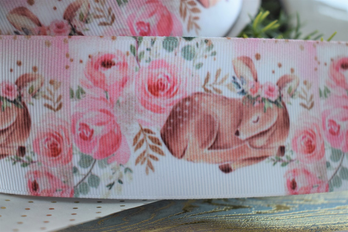 Pink Deer Baby Shower Ribbon, Girl Baby Deer Ribbon, Pink Grey Deer ...