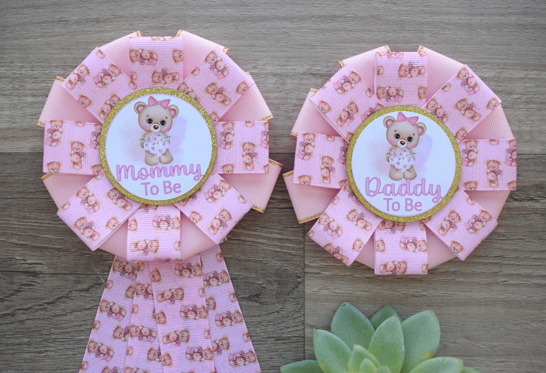 Pink Girl Teddy Bear Baby Shower, Girl Bear Mommy to Be Ribbon Pin ...