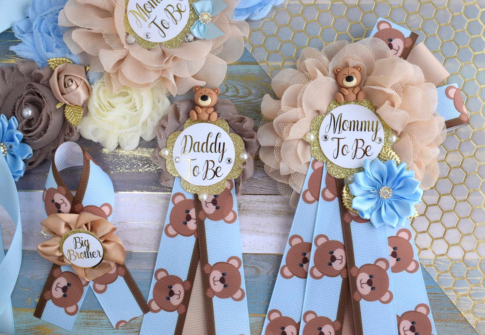 Blue Bear Baby Shower, Teddy Bear Blue Flower Sash, Teddy Bear Corsage ...