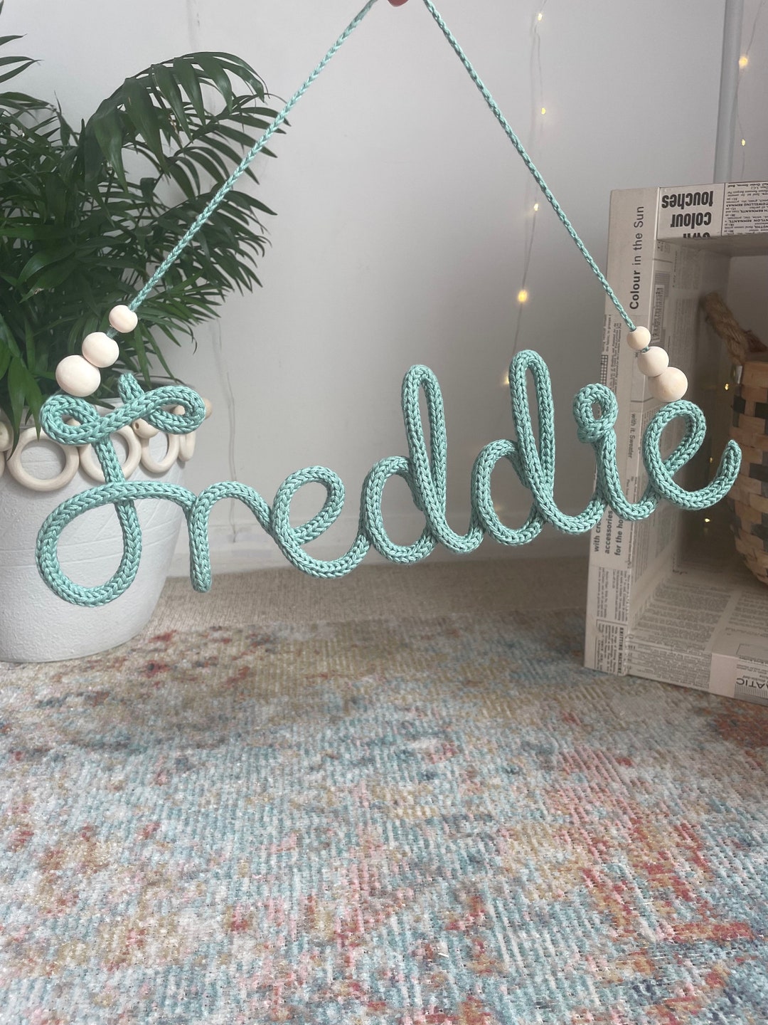 Beaded Knitted Name - Wire Word Name Wall Hanging - Nursery Newborn ...